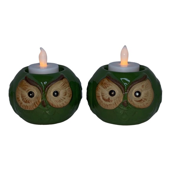 Accents | Nwt Green Owl Tealight Candle Holder Set W Battery Operated ...